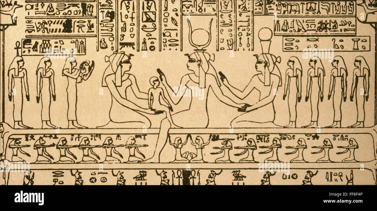 Fresque égyptienne. /NNurse présente un nouveau-né à la déesse mère ...