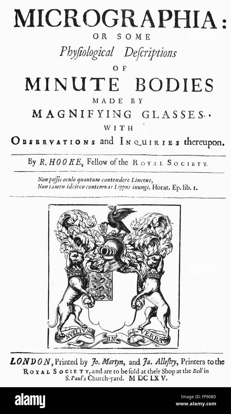 HOOKE : MICROGRAPHIA, 1665. /NTitle page de la première édition de ...