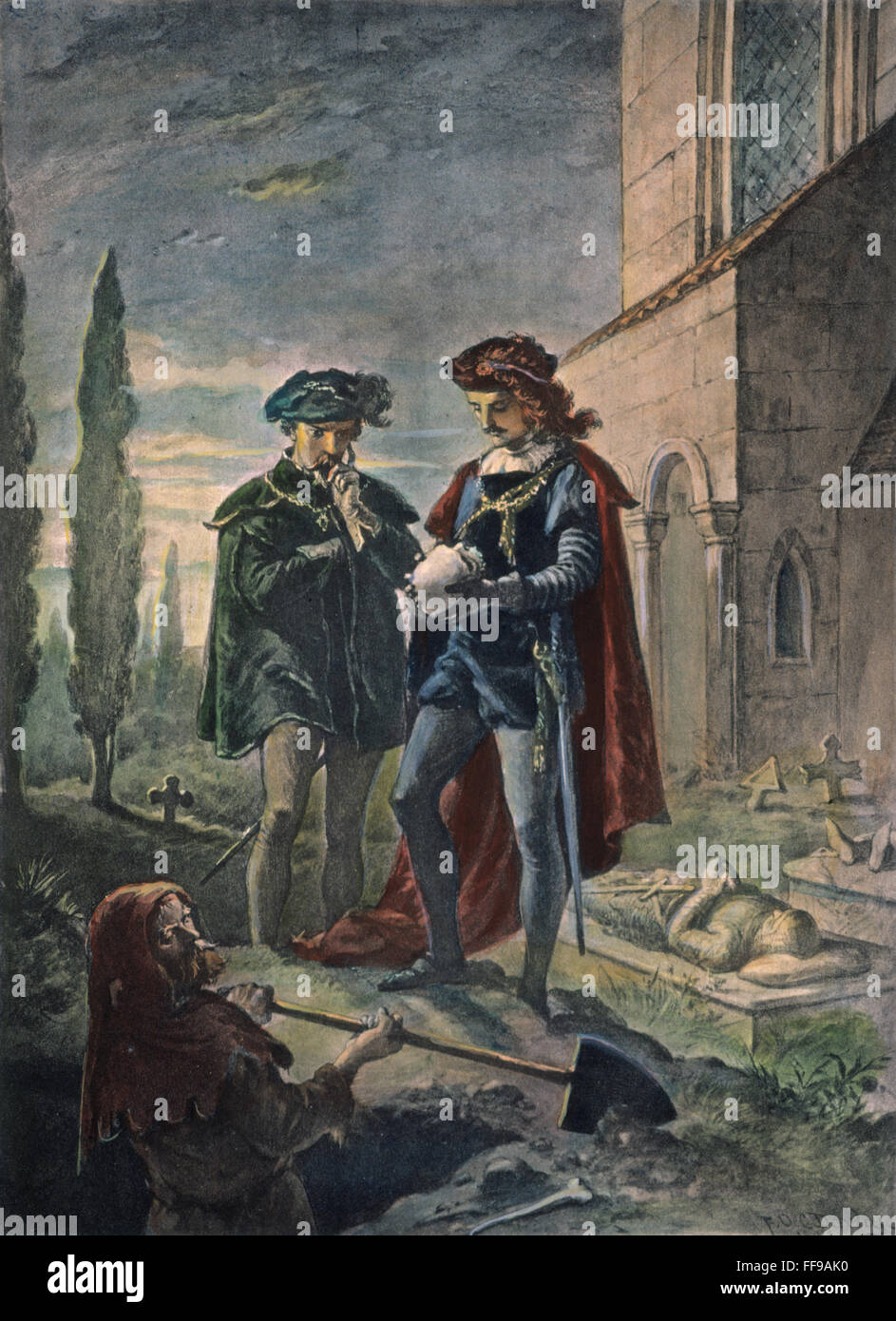 Hameau de cimetière. /NHamlet dans le cimetière tenant le crâne de ...