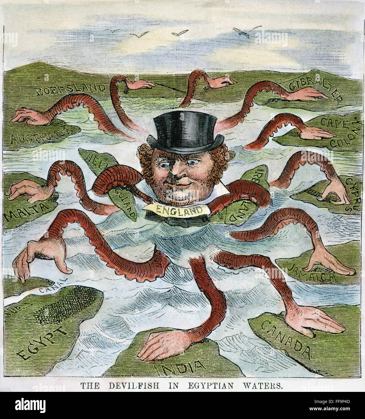 L'impérialisme américain cartoon, 1882. /N'Til Devilfish dans les eaux ...