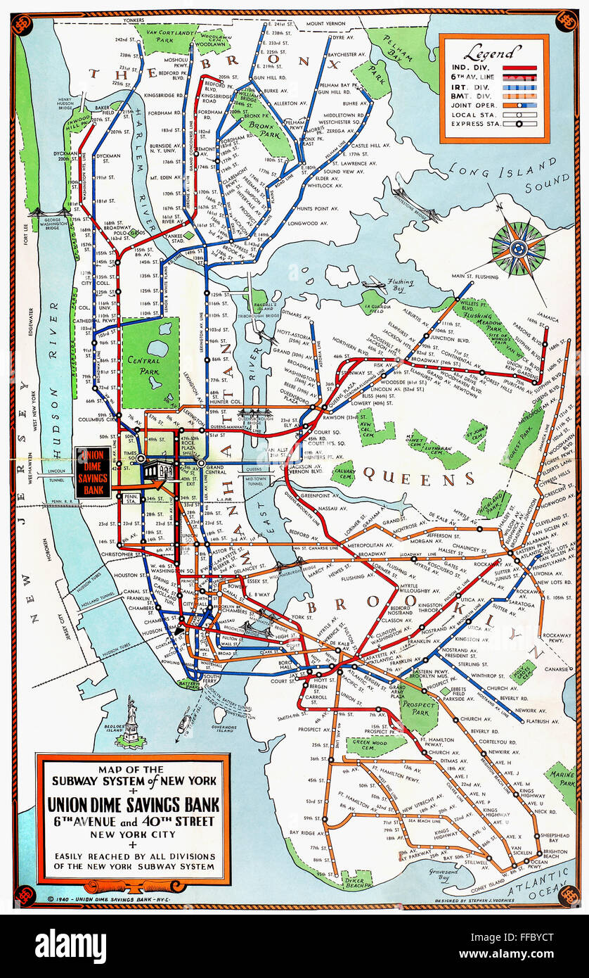 NEW YORK : CARTE DU MÉTRO, 1940. /NMap du système de métro de la ville ...