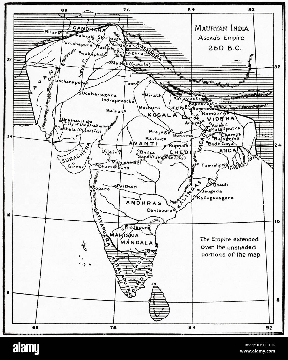 Carte de l'Inde de Mauryan, l'Empire d'Asoka, 260 BC. Un vaste ...
