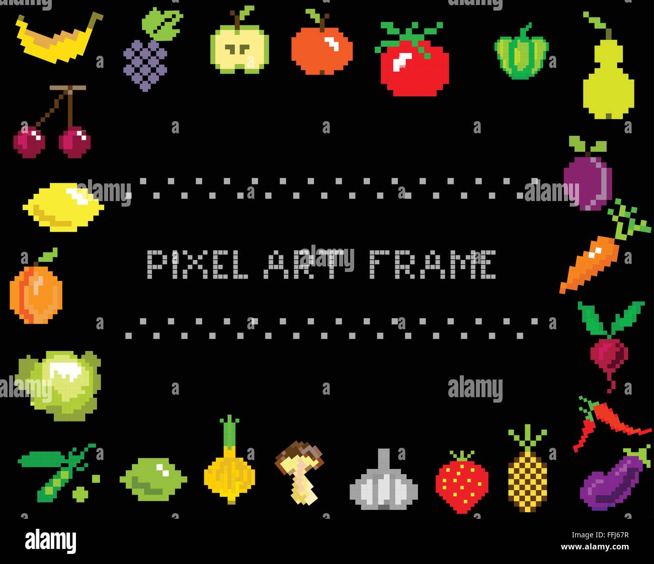 Pixel-art fruits et légumes sur cadre noir Image Vectorielle Stock - Alamy