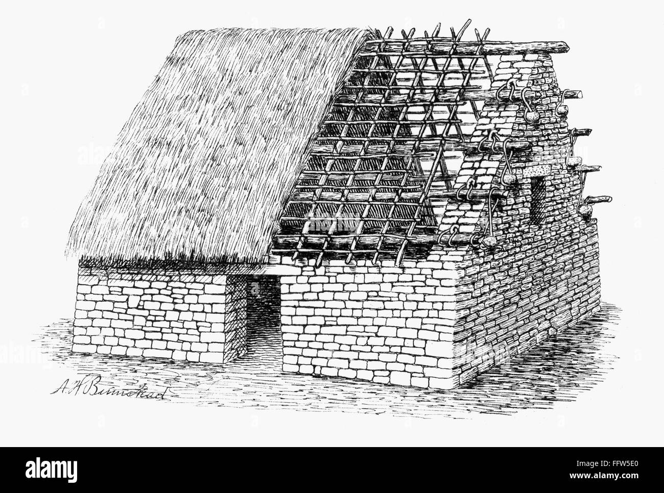 Maison en pierre au toit de chaume Banque d'images noir et blanc - Alamy