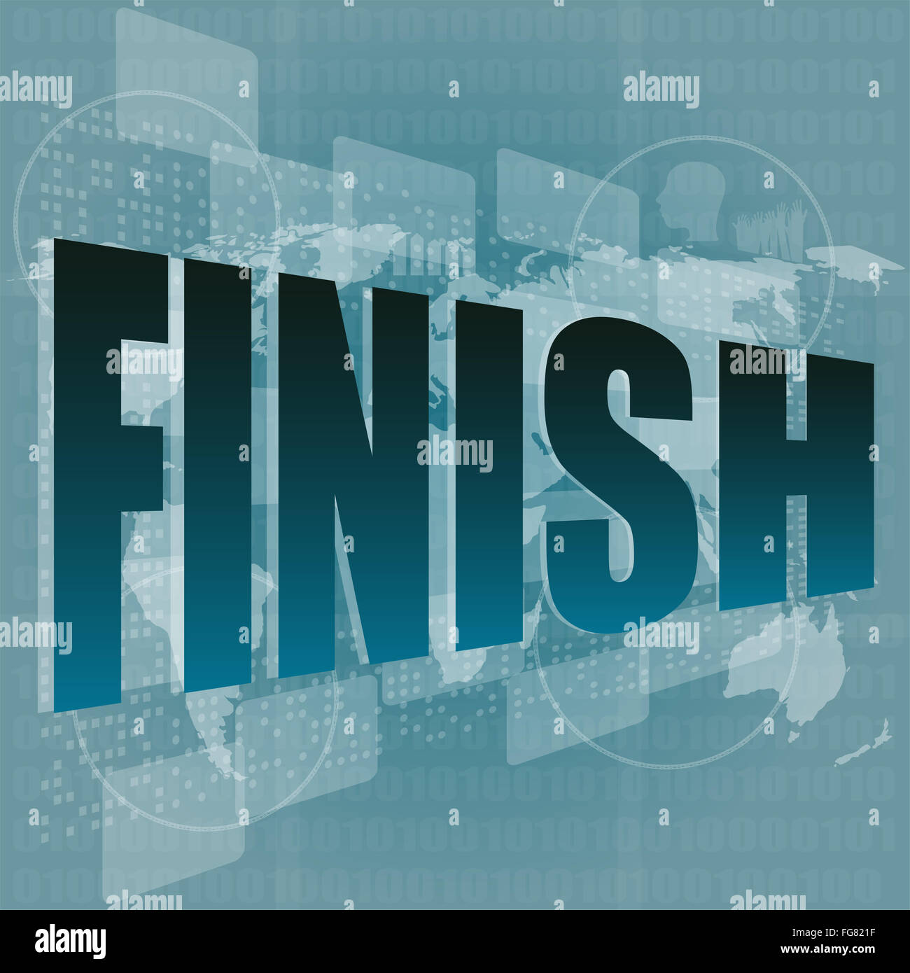 Mot de fin sur l'écran numérique avec carte du monde Photo Stock - Alamy