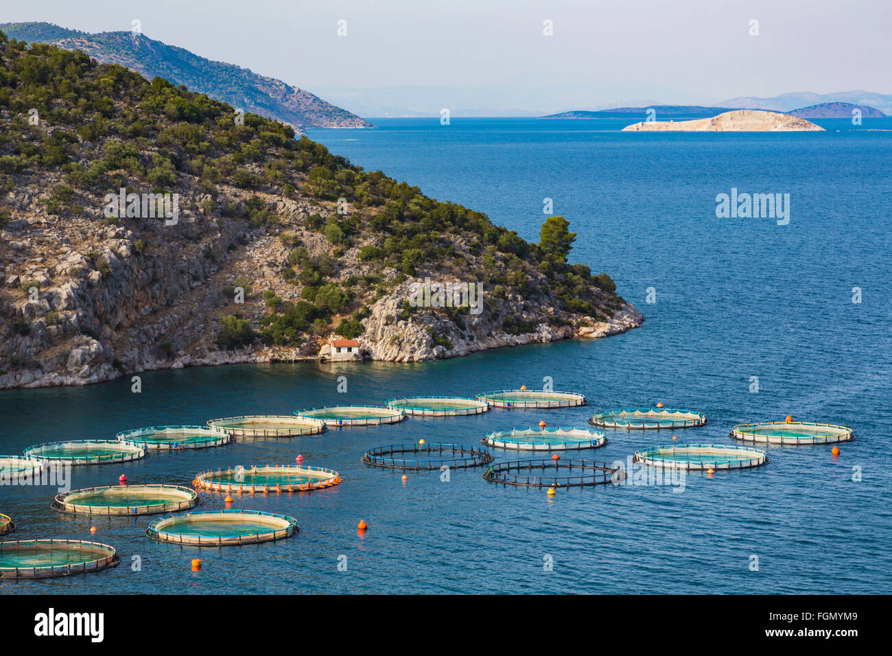L'élevage de poissons ou de pisciculture, près de Korfos, Péloponnèse ...