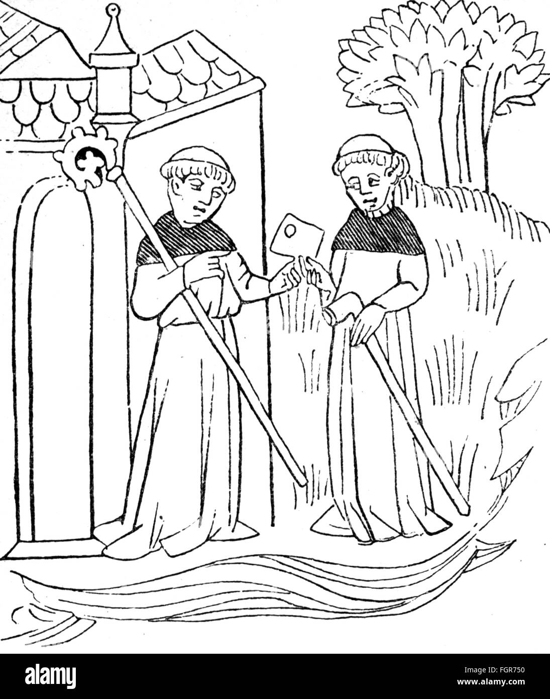 Courrier, postier, messagers entre monastères, gravure en bois, 19e ...