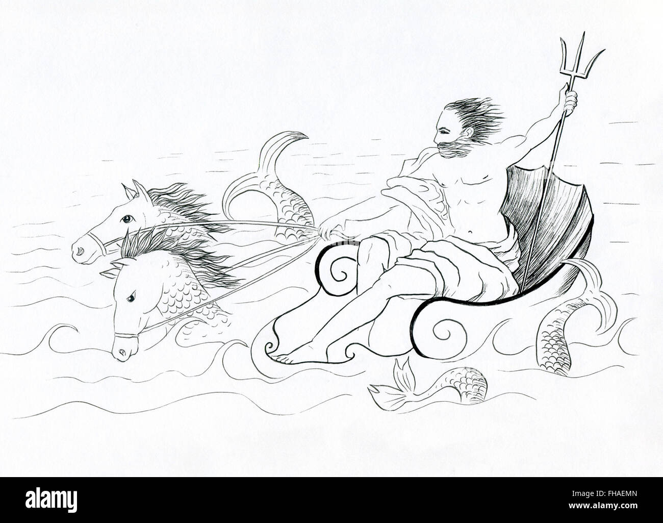 Neptune, dieu romain de la mer sur son char, dessin illustration Photo ...