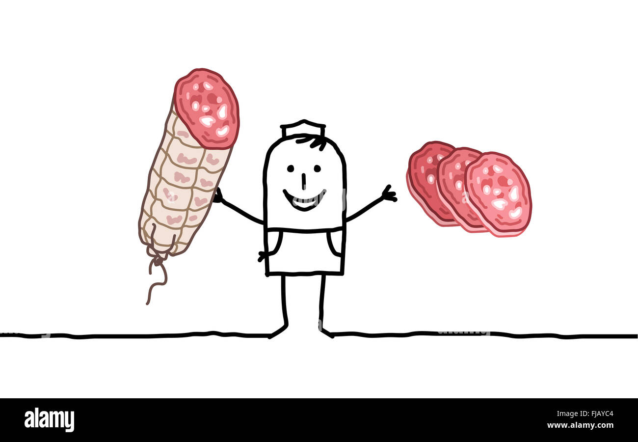 Hand drawn cartoon characters - butcher et saucisse Photo Stock - Alamy