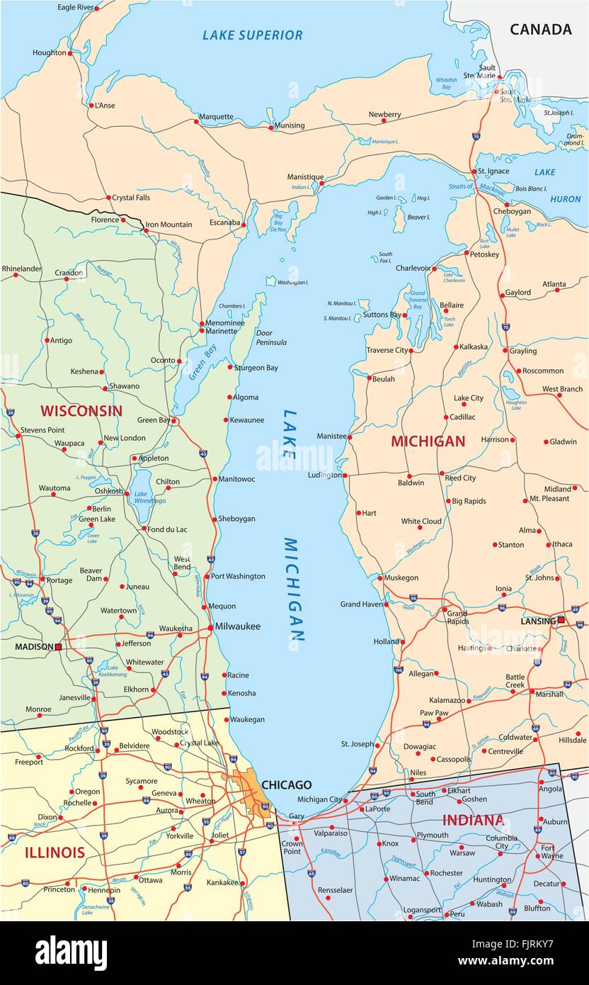 Carte du lac Michigan Image Vectorielle Stock - Alamy