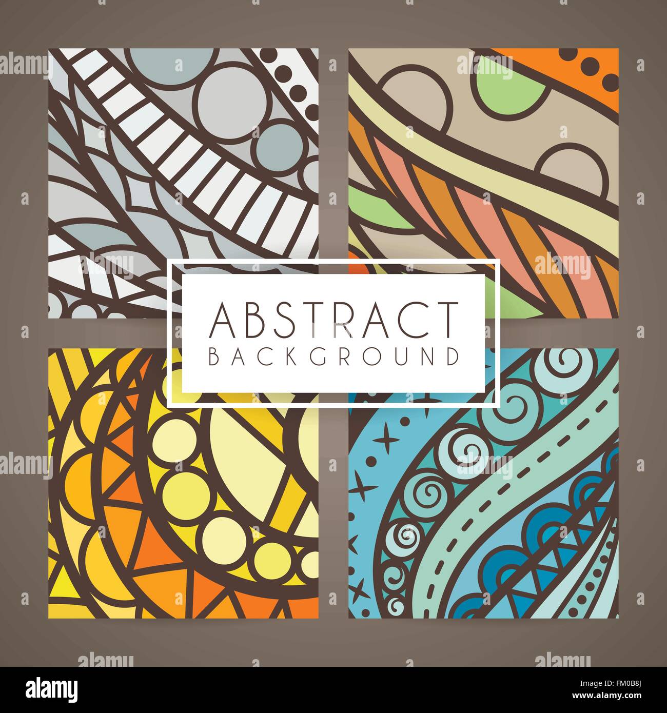Ensemble de quatre motifs complexes colorés de vecteur. Doodle ...