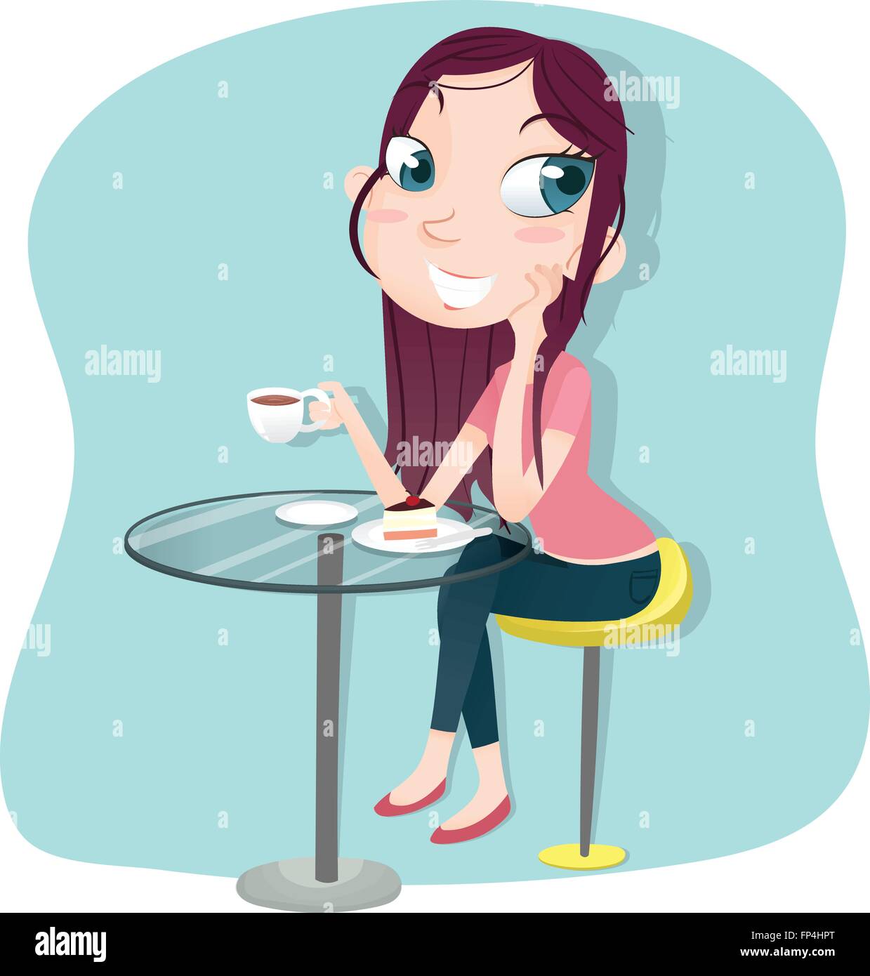 Cartoon girl sitting de boire du café avec du gâteau Image Vectorielle ...