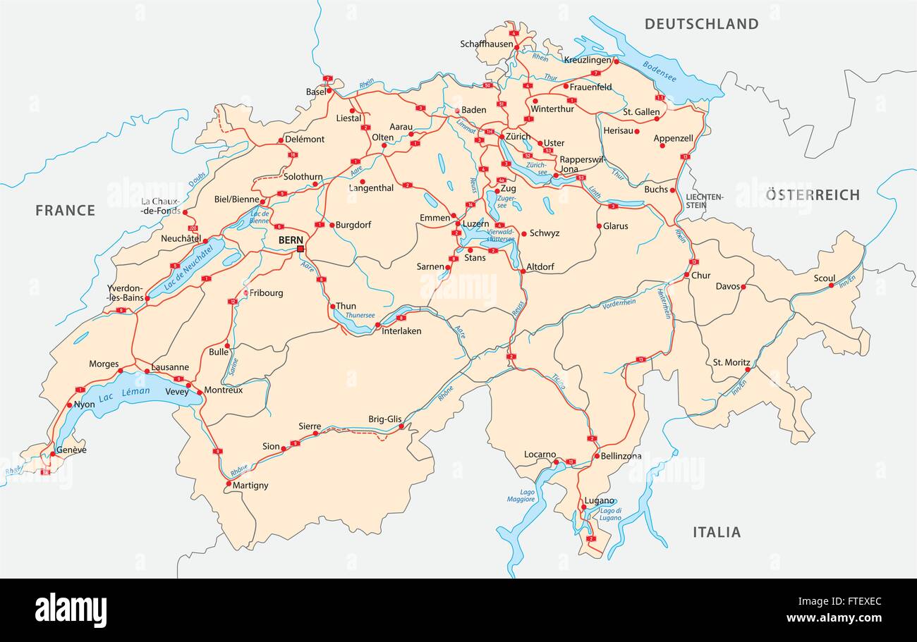 Carte routière de la Suisse Image Vectorielle Stock - Alamy