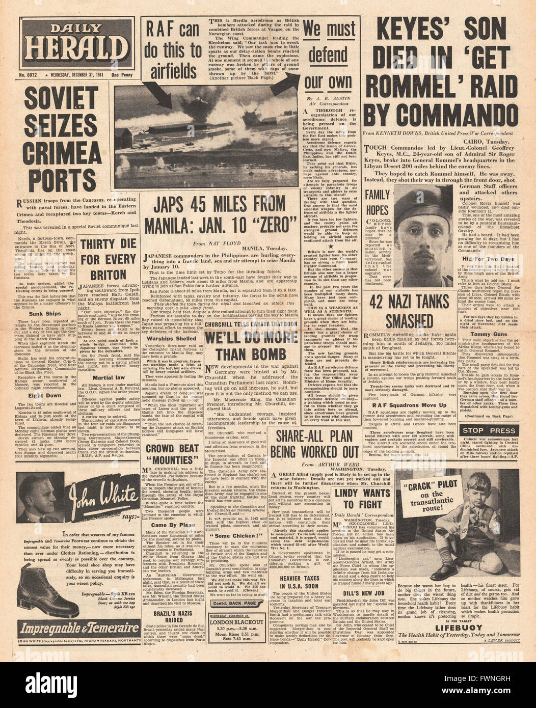 1941 front page Daily Herald récupération de l'armée russe et Kertch et ...