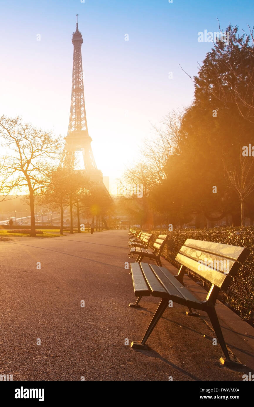 Matin ensoleillé à Paris, banc de parc près de la tour Eiffel, France ...