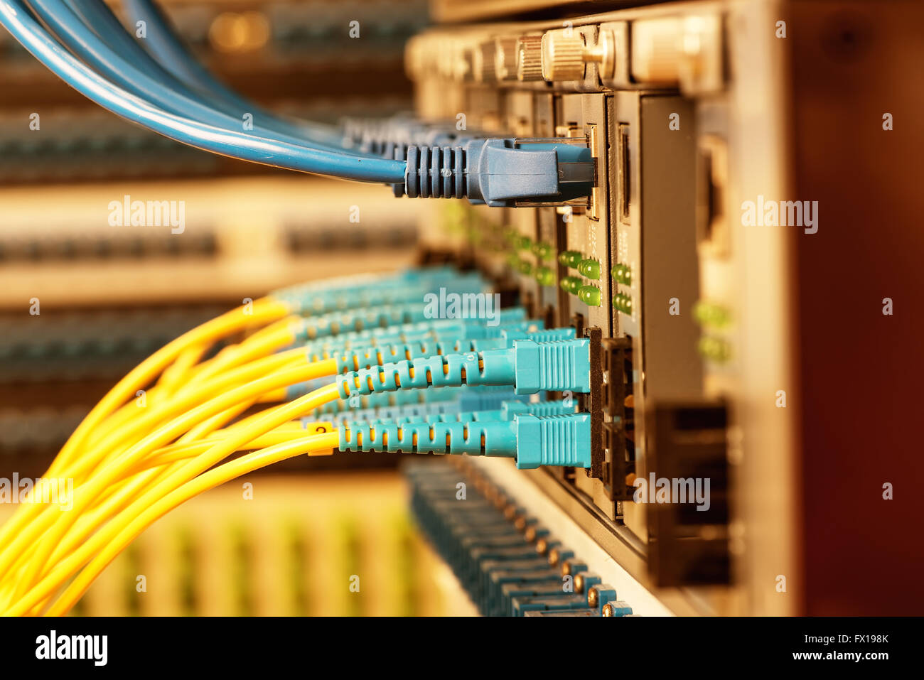 Les câbles à fibre optique connecté à un réseau de ports optiques et ...