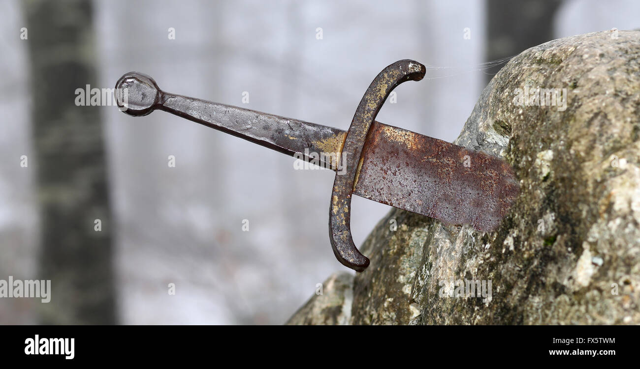 L'épée légendaire Excalibur dans la pierre au milieu de la forêt en ...