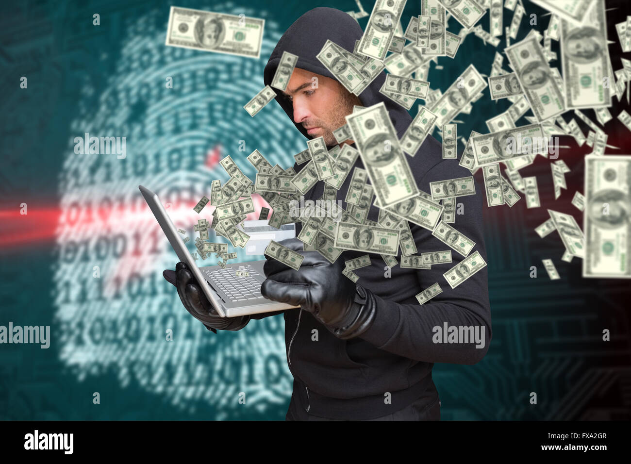 Image composite de hacker holding laptop et carte credir Photo Stock ...
