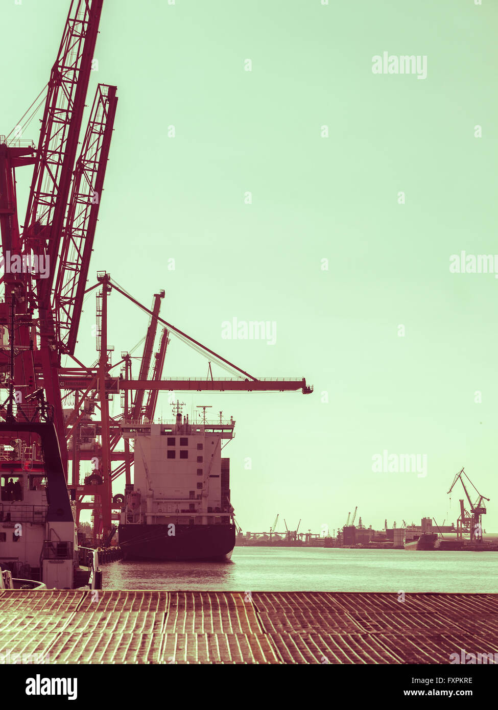 Affaires et commerce. Les grues et les navires en zone portuaire, parc à conteneurs de fret ...