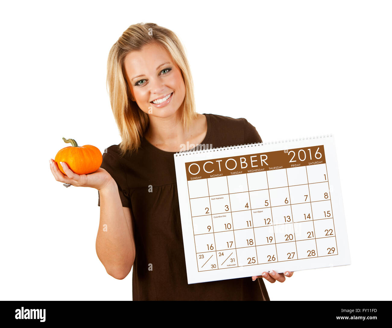 Jolie série avec un Caucasian woman holding un calendrier pour les ...