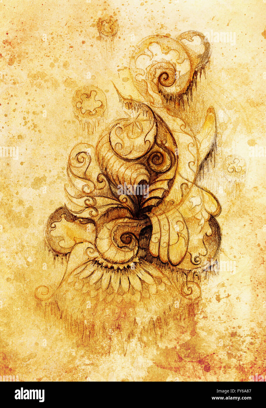 Filigran ornementales dessin sur le papier avec des spirales, pétales ...