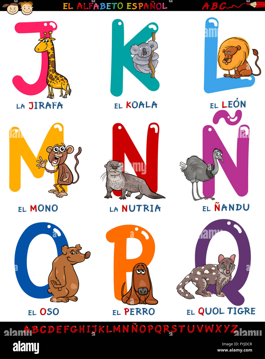 Cartoon alphabet espagnol avec des animaux Photo Stock - Alamy