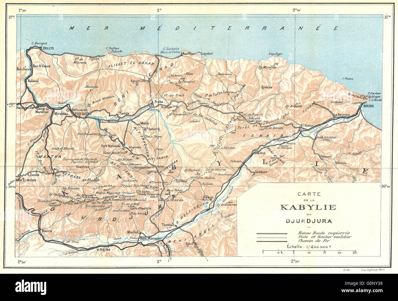 Algérie : Carte de la Kabylie du Djurdjura, 1909 carte antique Photo ...