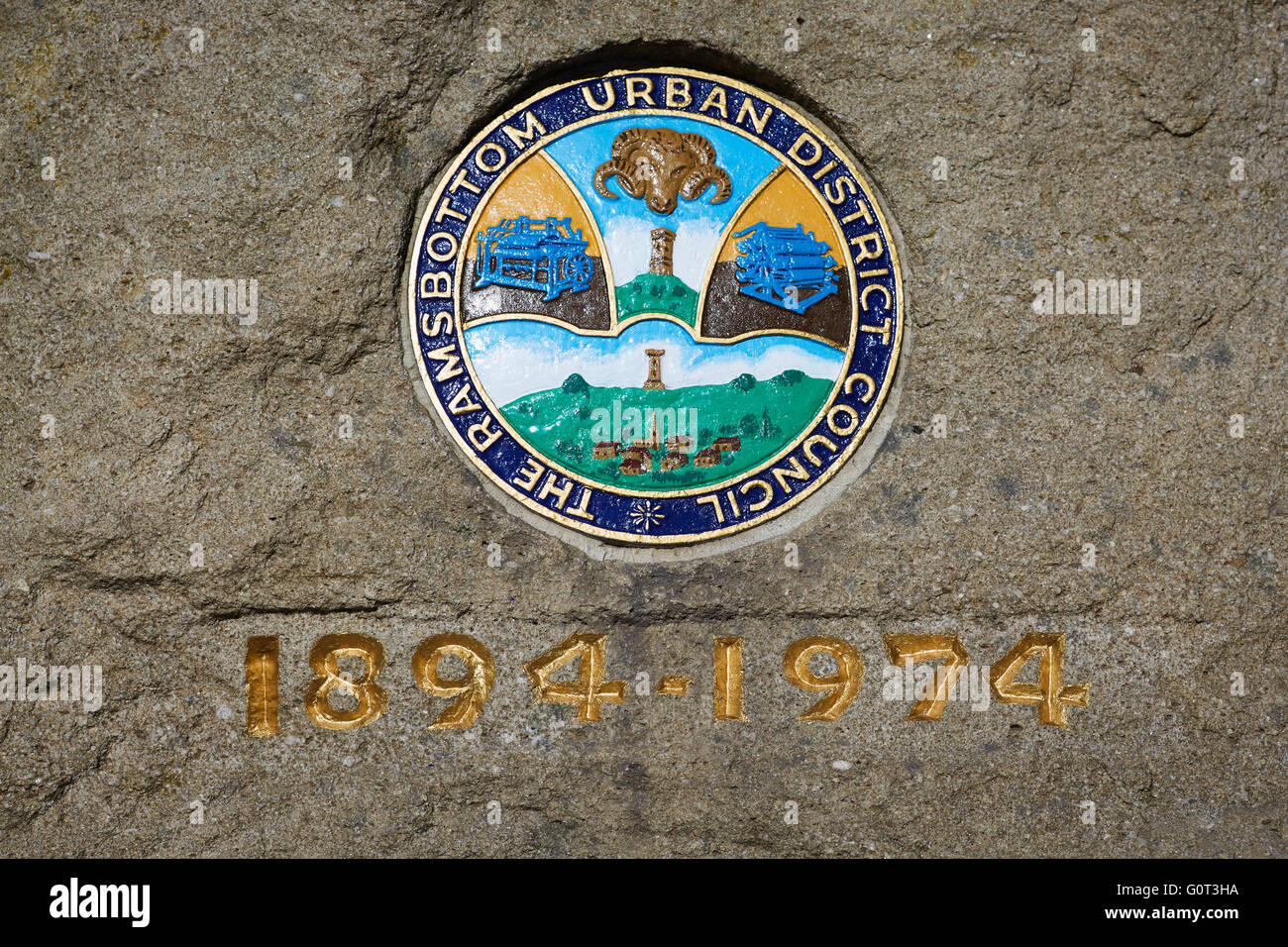 Rams bas public art armoiries Ramsbottom est sur la voie de l'Irwell ...