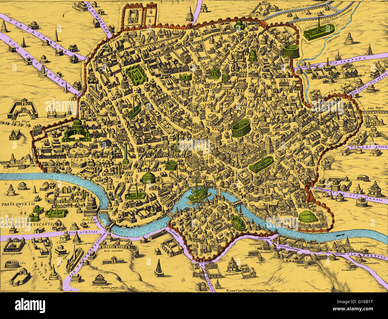 Une carte de Rome gravée par Giacomo Lauro (1550-1605) au xvie siècle ...