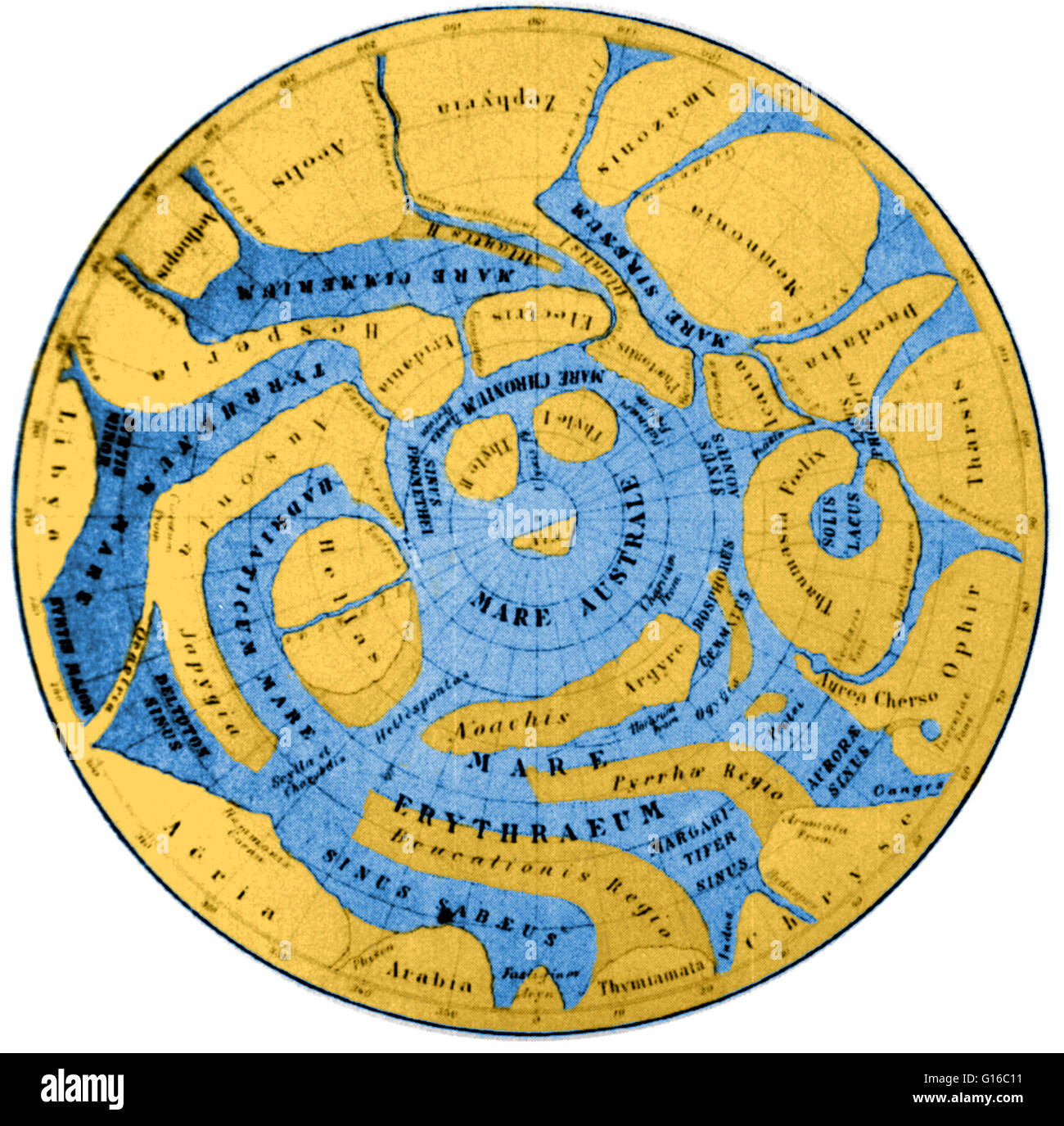 L'Aerographica Schiaparelli Mappa de Mars, projection stéréographique ...