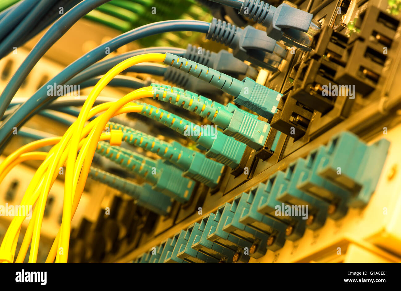 Les câbles à fibre optique connecté à un réseau de ports optiques et ...