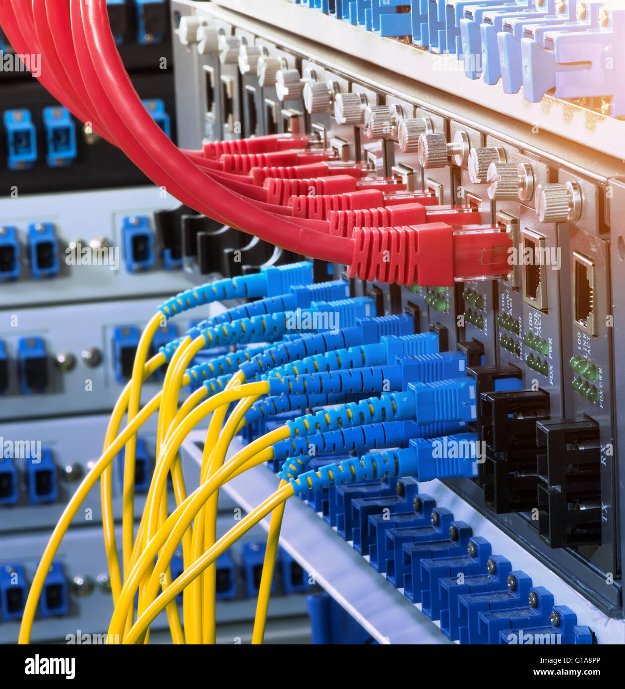 Les câbles à fibre optique connecté à un réseau de ports optiques et ...