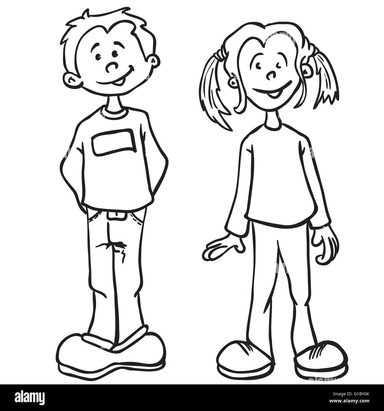 Simple Noir Et Blanc Garçon Et Fille Cartoon Image Vectorielle Stock