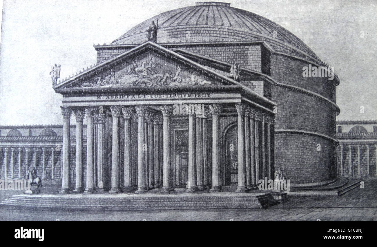 Gravure illustrant le Panthéon, un bâtiment à Rome, en Italie, sur le ...