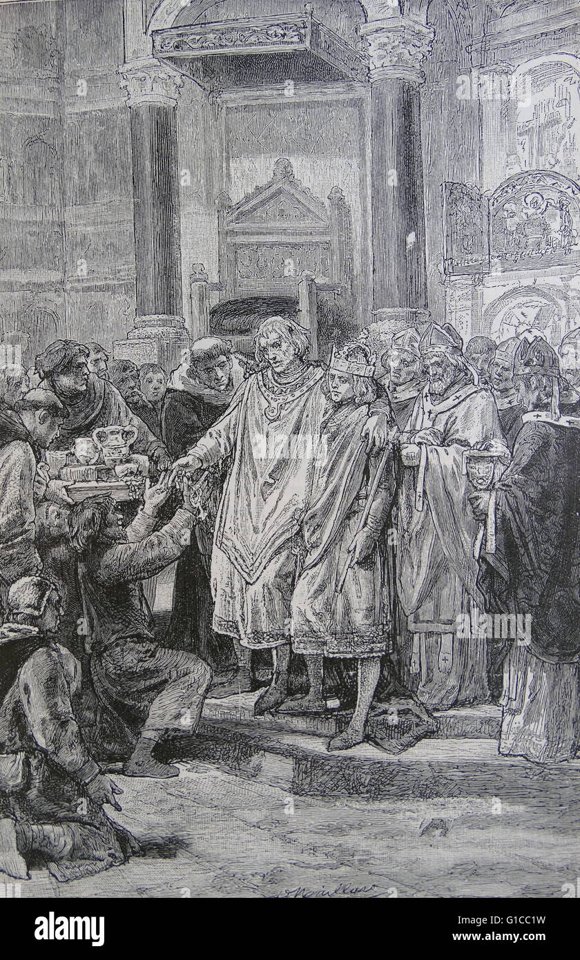 Gravure représentant le roi Louis VII de France (1120-1180) la ...