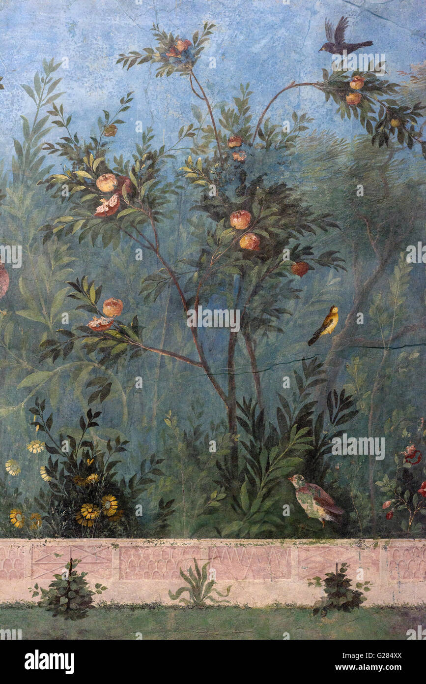 Rome. L'Italie. Fresque représentant des scènes d'un jardin de la Villa ...