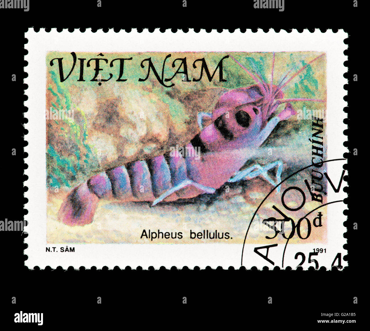 Timbre-poste du Vietnam représentant un pistolet tigre (crevettes ...