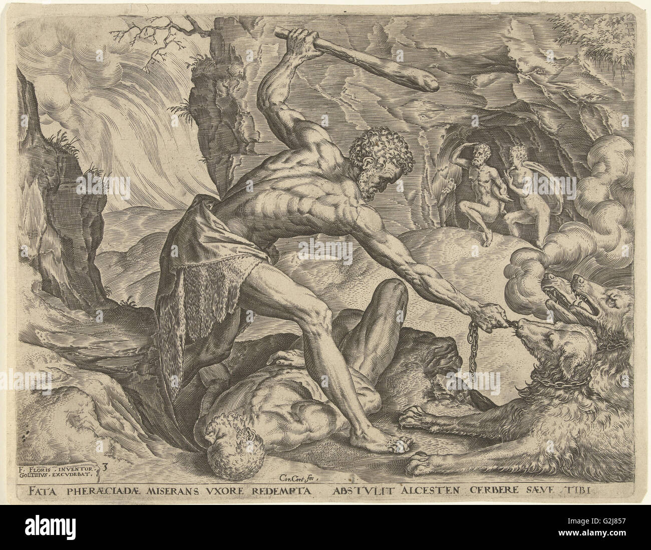 Cerberus traîne Hercules de l'enfer, Julius Goltzius Cornelis Cort, en ...