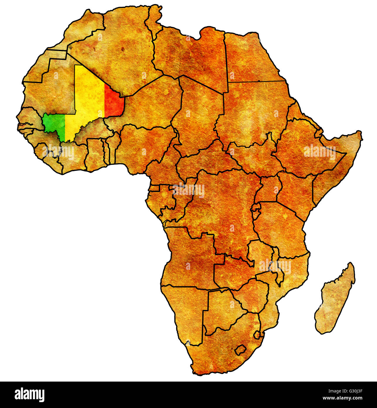 Le Mali sur la carte politique de l'Afrique vintage avec des drapeaux ...