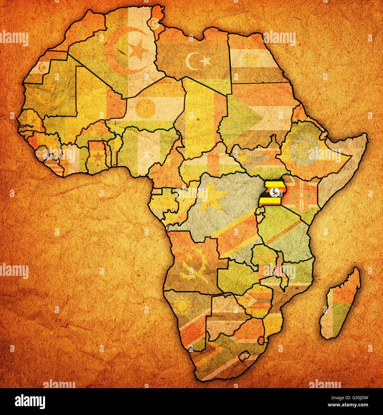 L'Ouganda sur l'ancienne carte politique de l'Afrique avec des drapeaux ...