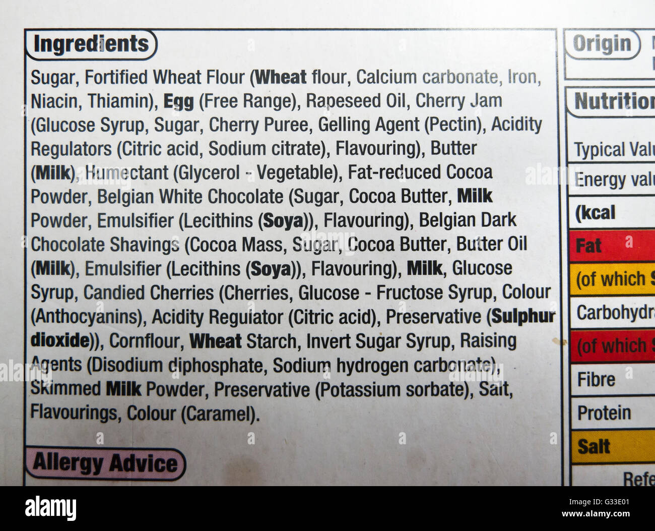 étiquettes des aliments ingrédients Banque de photographies et d’images ...