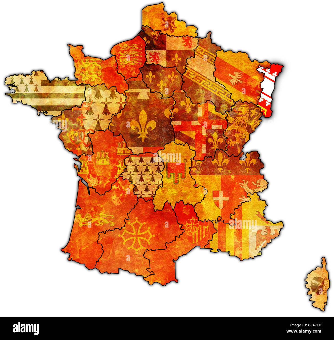 L'Alsace sur la vieille carte de France avec les drapeaux des divisions ...