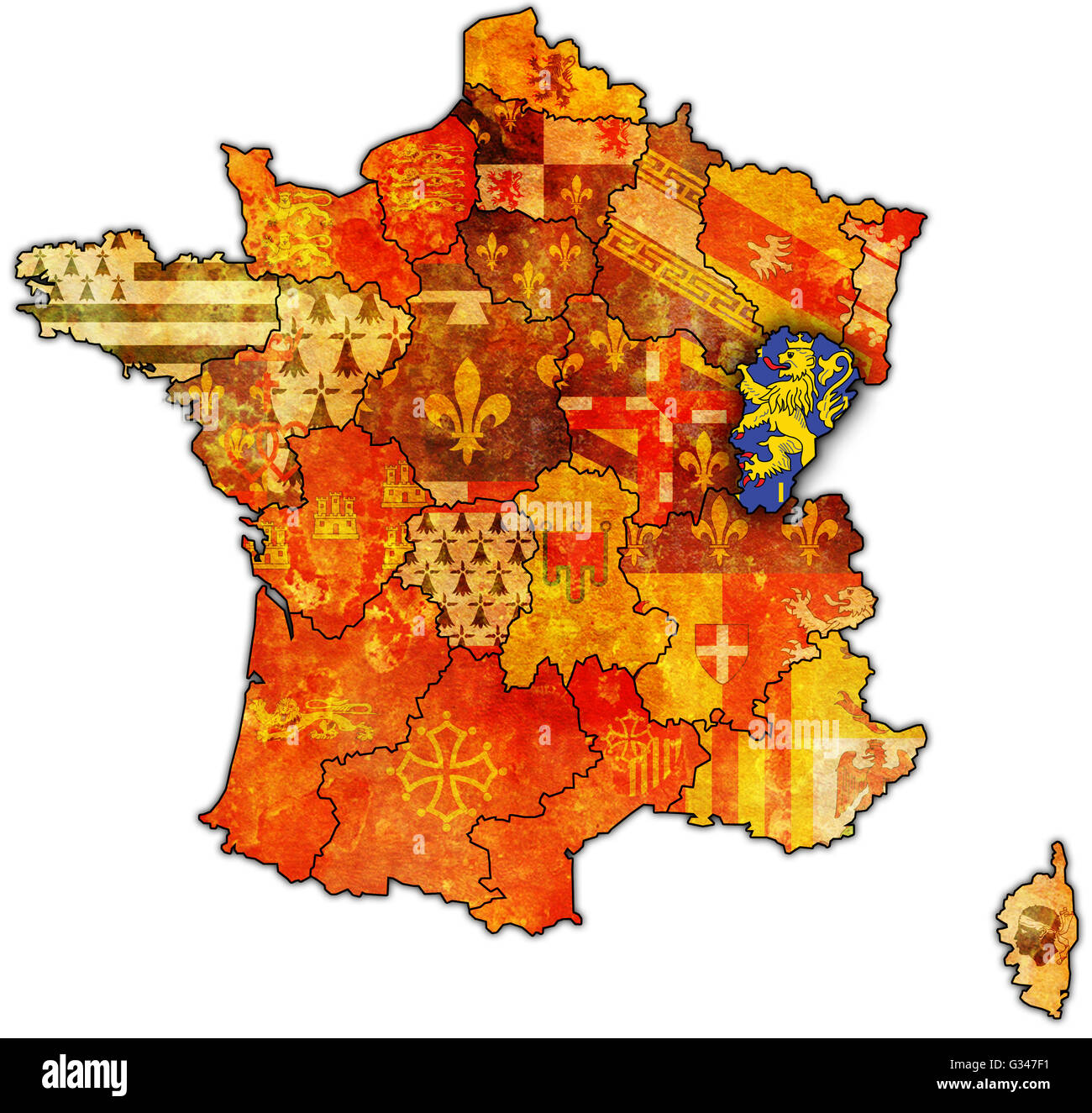 La Franche-Comté sur la vieille carte de France avec les drapeaux des ...