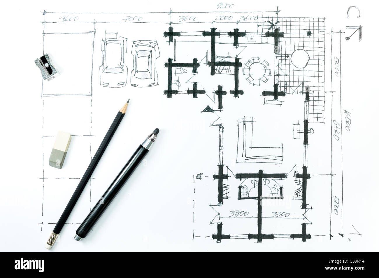 Le dessin architectural un croquis au crayon. Plan de maison Photo ...