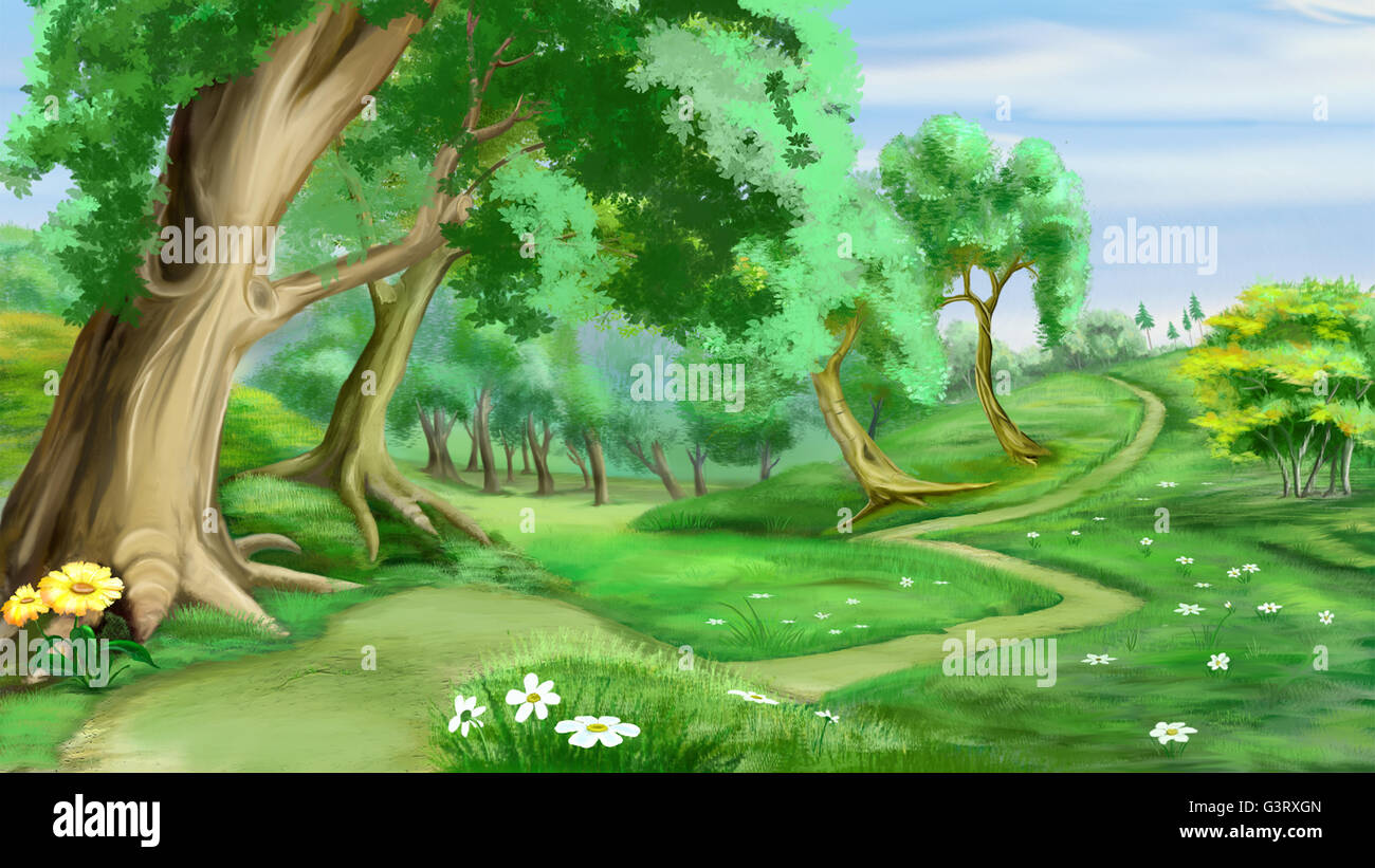 Un chemin près de la forêt dans le style cartoon réaliste Photo Stock ...