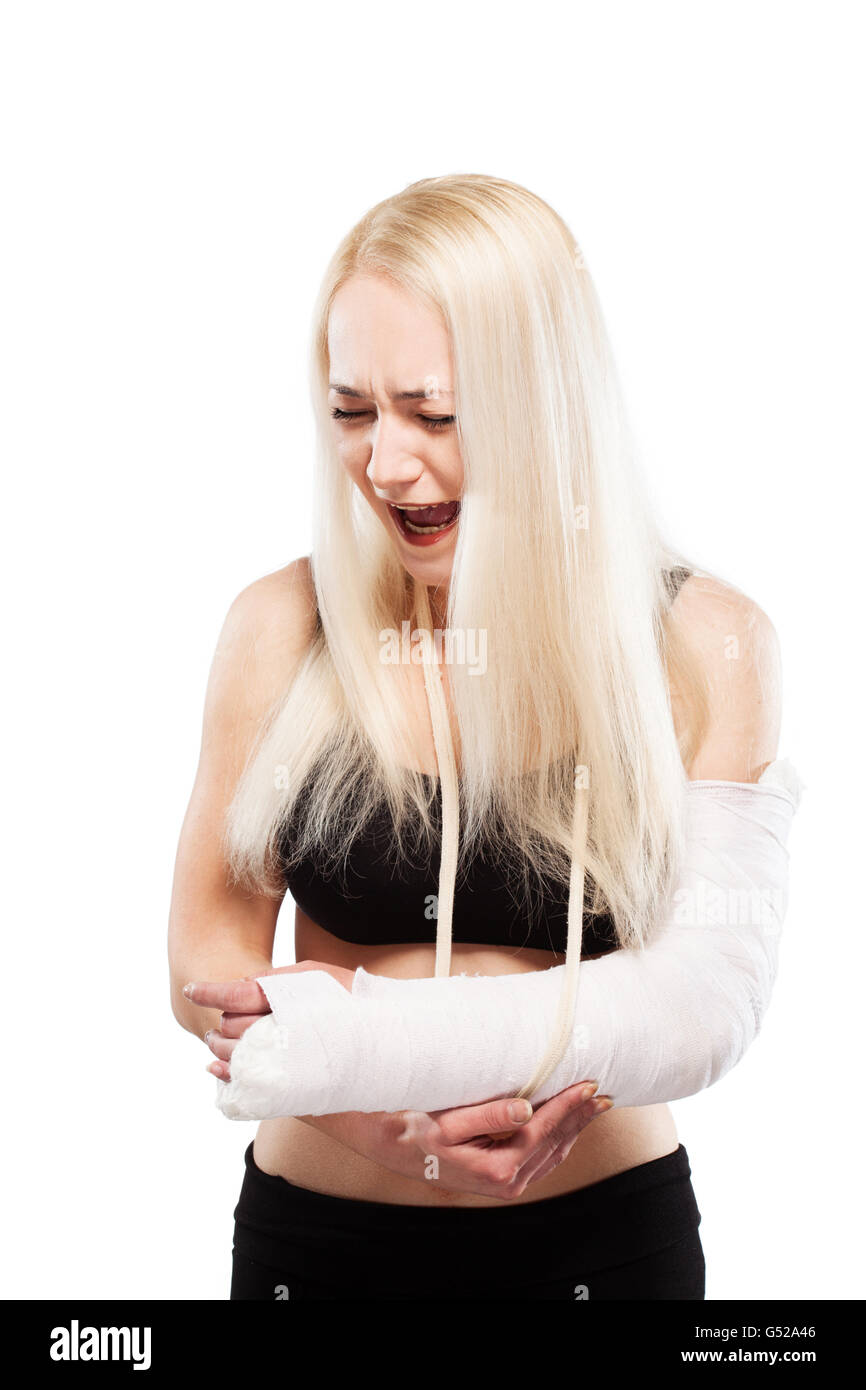 Fille Blonde Avec Un Bras Cassé Dans Le Plâtre Photo Stock Alamy