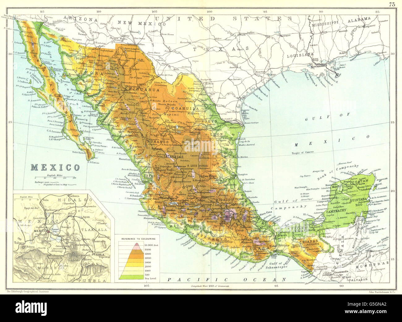 Mexique : carte physique. Carte grande échelle de Mexico, 1909 Photo ...