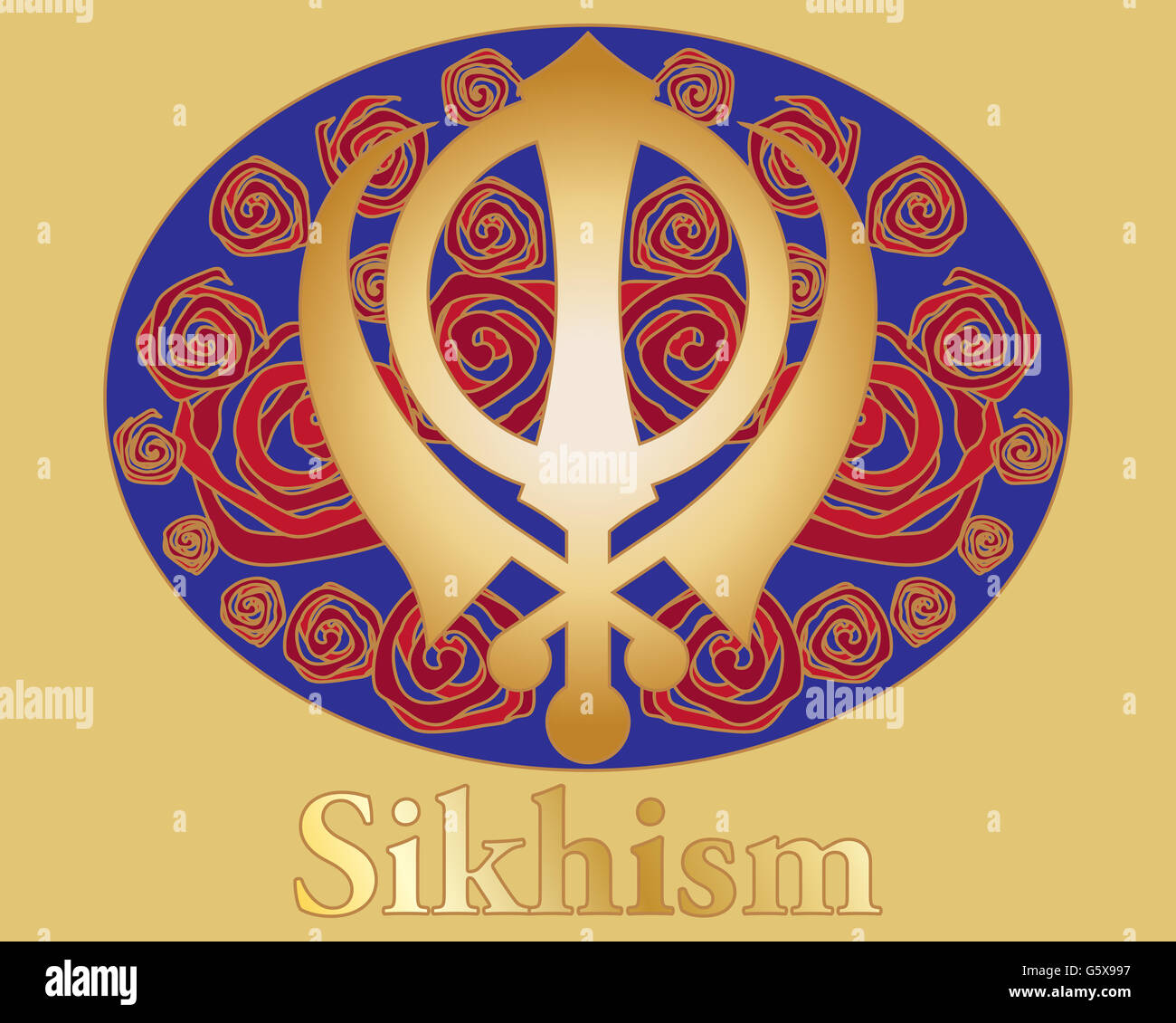 Une illustration d'un symbole sikh en or sur un fond rose stylisée en ...