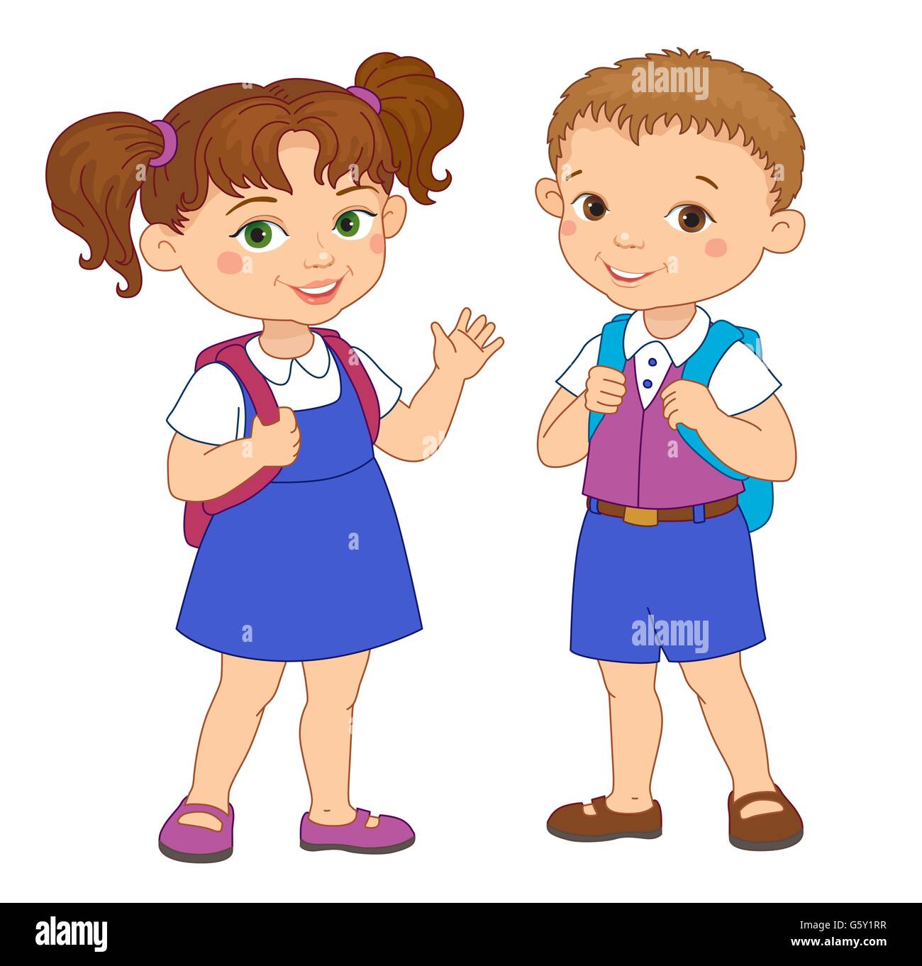 Garçon et fille avec des sacs élève rester isolé de l'école de dessin ...