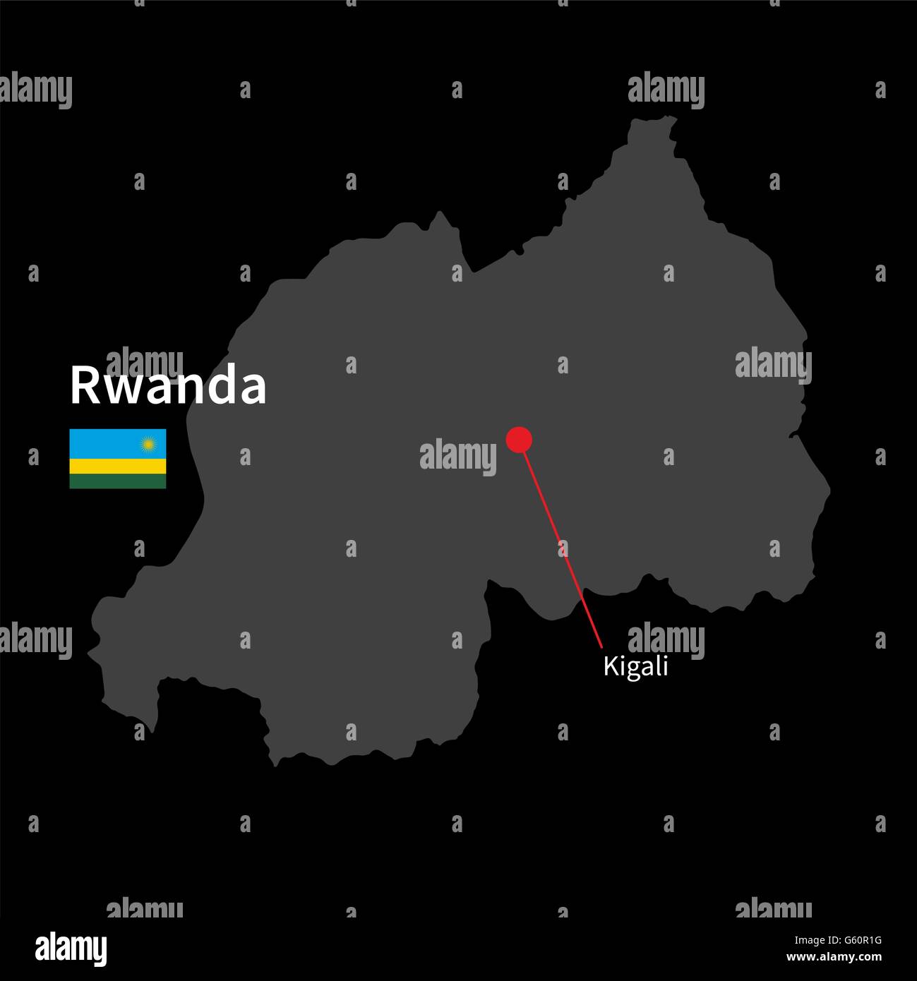 Carte détaillée du Rwanda et capitale Kigali avec drapeau sur fond noir ...